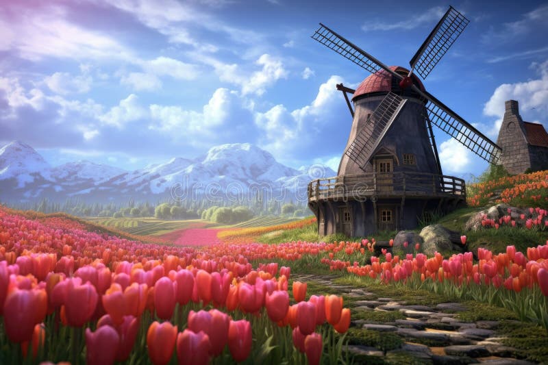 Historic Windmill in a Tulip Field during Spring Stock Illustration ...