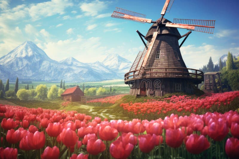 Historic Windmill in a Tulip Field during Spring Stock Illustration ...
