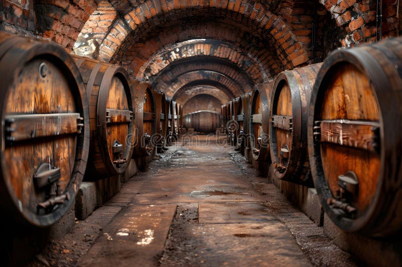 Historic Wine Cellar with Aged Oak Barrels in Rustic Brick Tunnel ...
