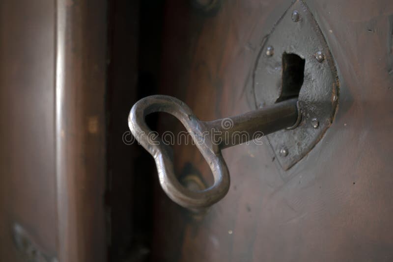 Historic Wooden Door Lock and Big Iron Key. Stock Photo - Image of ...