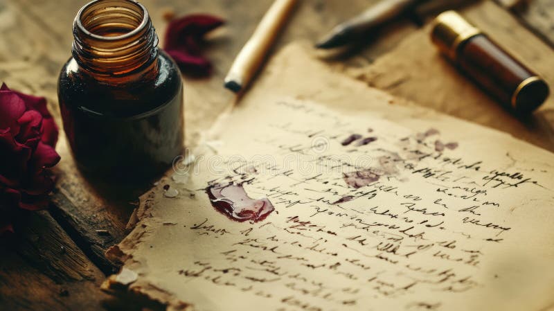 Historic Writing Setup with Ink, Parchment, and Natural Decorations ...