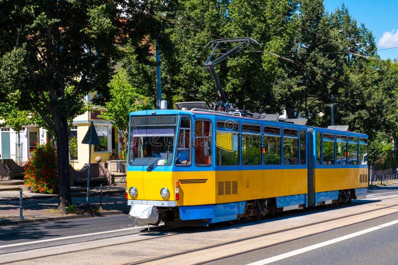 Historic Yellow and Blue Tram in Gotha, Thuringia, on Sunny Summer Day ...