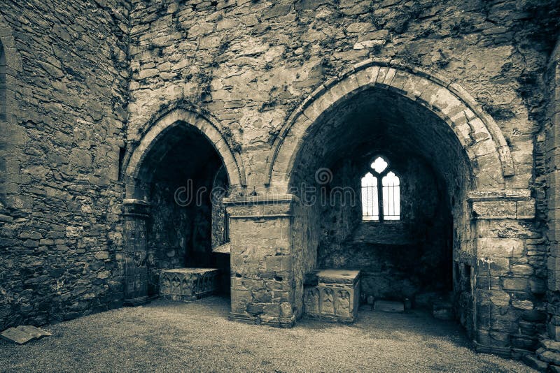 Historical Ancient Stone Castle with Arch Windows and Concrete Banches ...