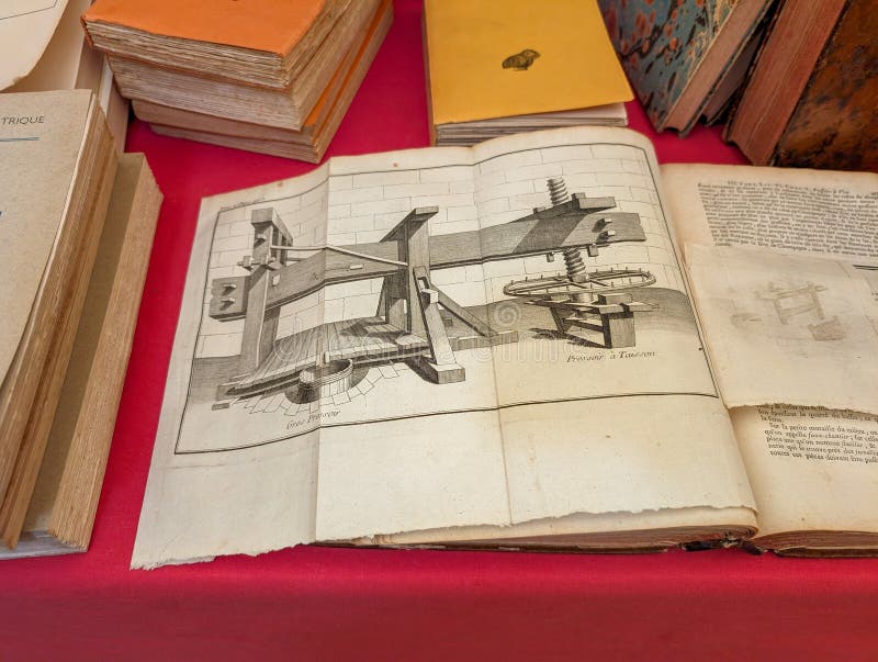 France, April 7, 2024: Historical Book with Technical Drawings on ...