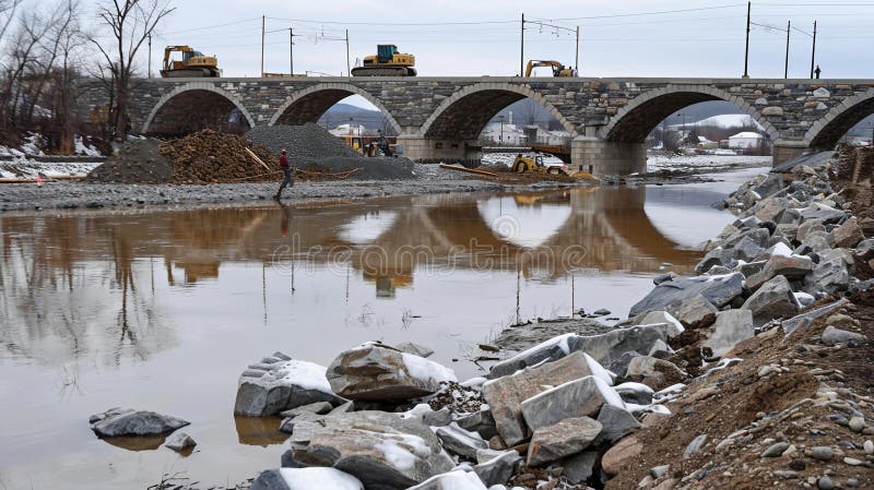 Historical Bridge Under Renovation, Engineers and Construction Workers ...
