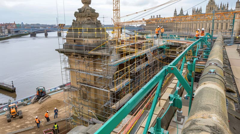 Historical Bridge Under Renovation, Engineers and Construction Workers ...