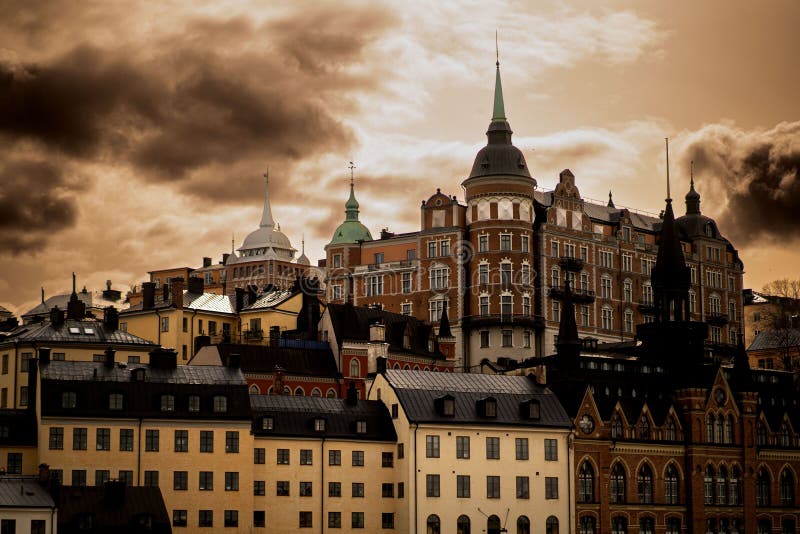 Historical Buildings of Sodermalm Island Under Dramatic Dusk Sky ...