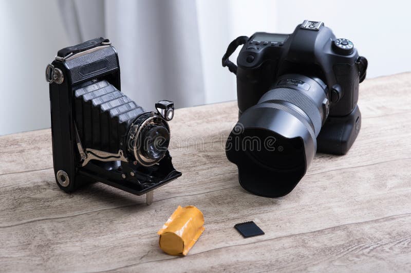 Historical Camera with Bellows and Current Digital SLR with Film Stock ...