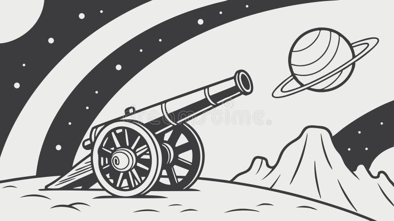 Cannon on Alien Planet with Saturn, Cosmic Exploration Vector ...