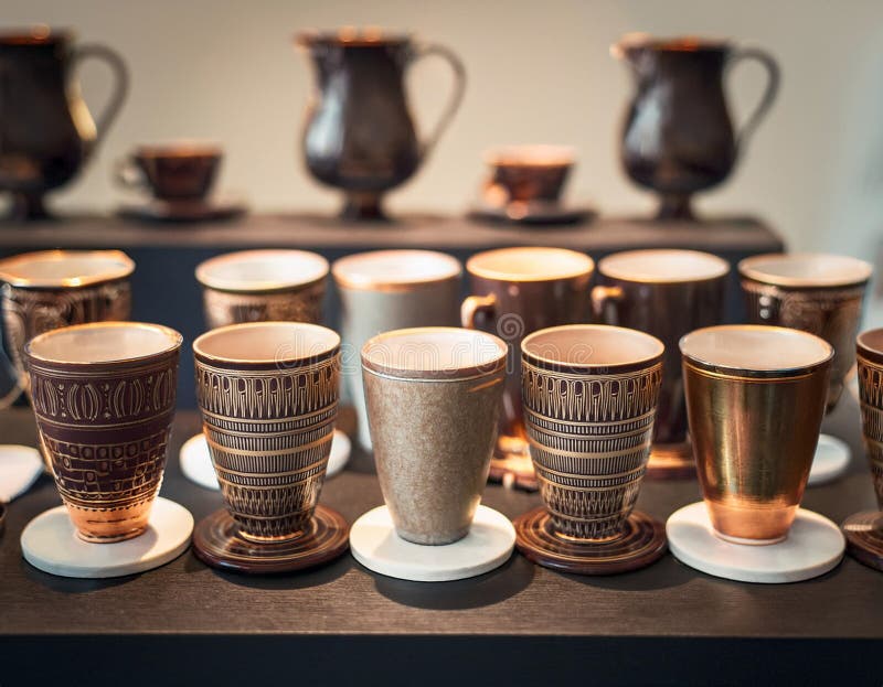 A Historical Evolution Display of Coffee Cups from Various Eras, Lined ...