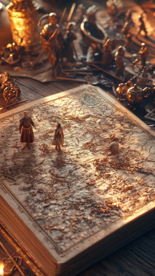 Historical Figures Exploring an Ancient Map in a Detailed Open Book ...