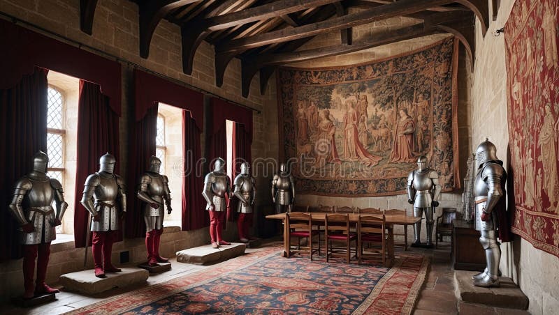 Historical Image of a Medieval Castle Interior with Tapestries and ...