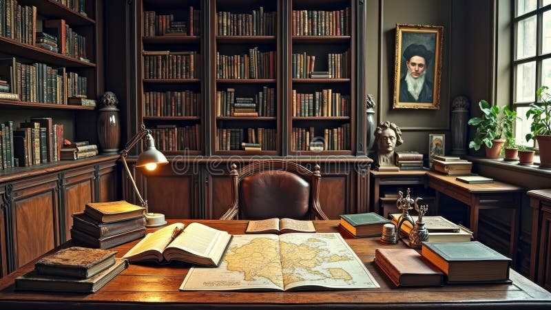 Historical Library Study Room with Vintage Books, European Art, and ...