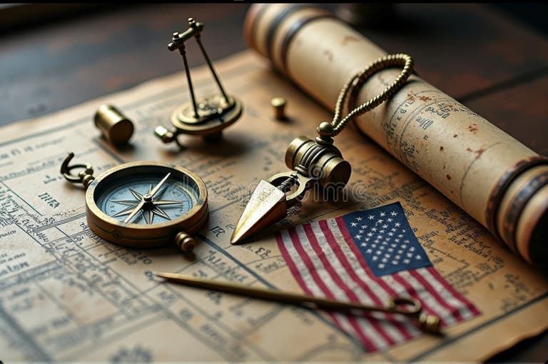Historical Nautical Tools and American Flag on Antique Map Stock Image ...