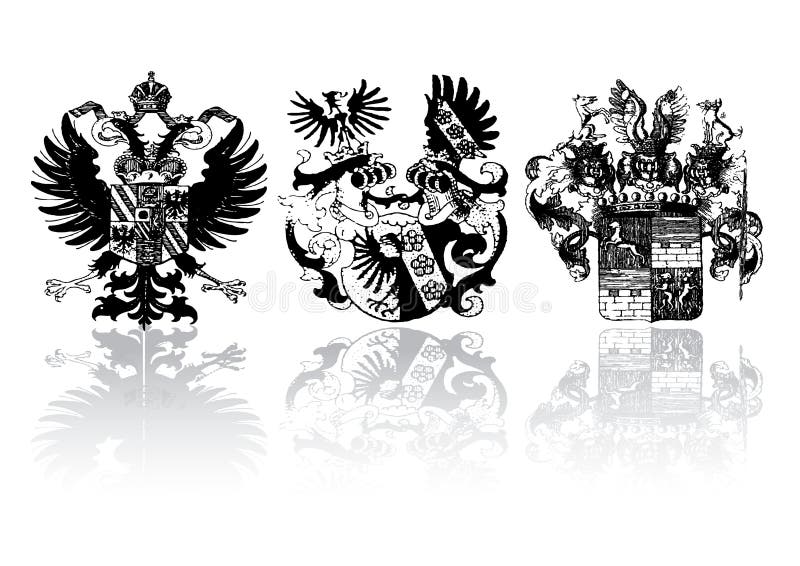 Shields with Reflection in Shiny Gold Frames Front, Side View Set Stock ...