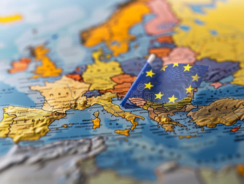 Historical Significance of EU Institutions Flag on Map Stock ...