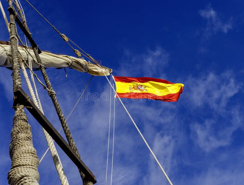 Historical Spanish Flag Flying in the Wind Stock Photo - Image of ...