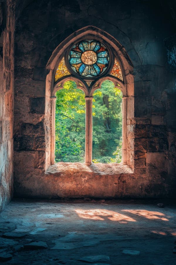 Historical Stone Arch with a Stained Glass Window and Stairway Stock ...