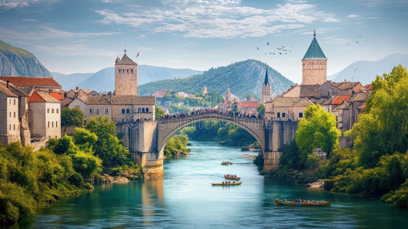 Historical Stone Bridge Arching Over a River with a Medieval Town in ...