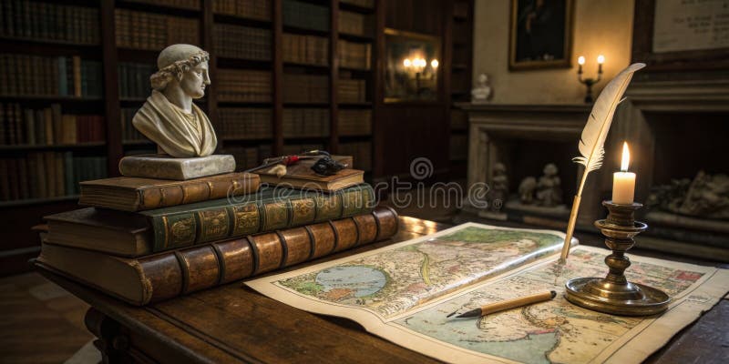 Historical Study Area with Books, Maps, and Candlelight in an Old ...