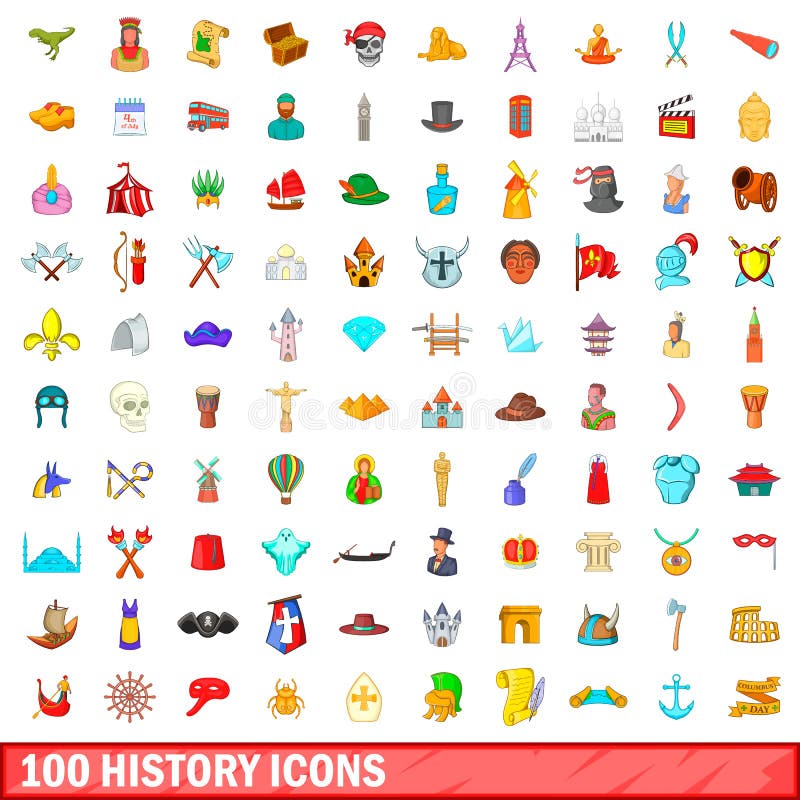 100 History Icons Set, Cartoon Style Stock Vector - Illustration of ...