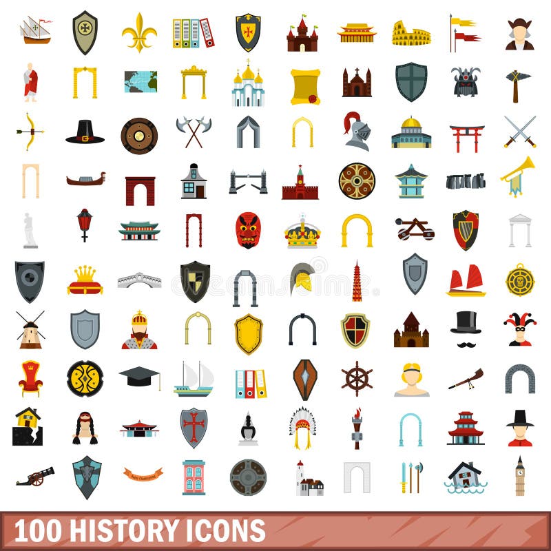 100 History Icons Set, Flat Style Stock Vector - Illustration of ...