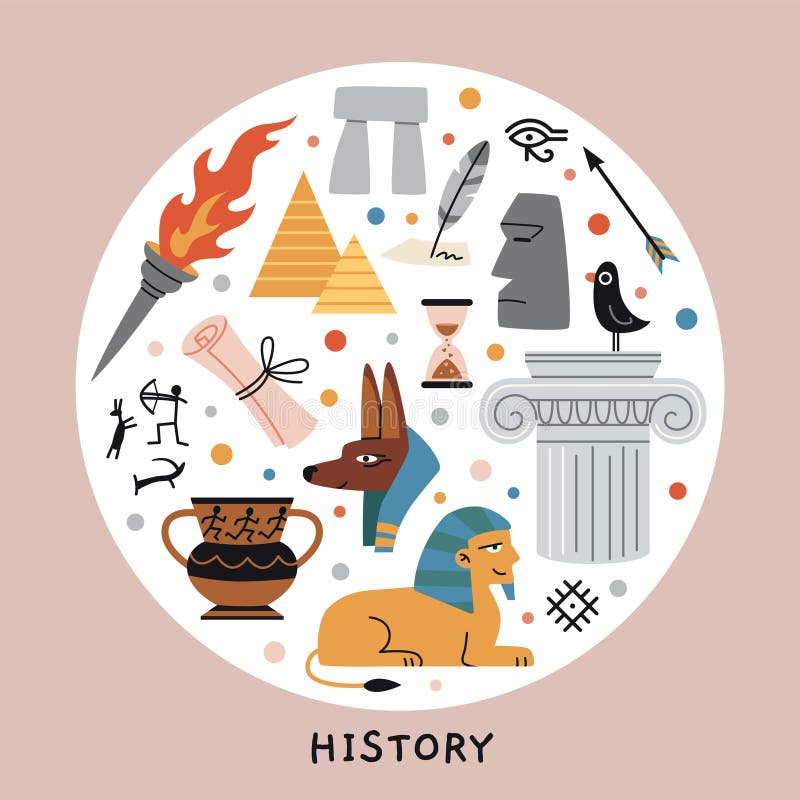 History Lesson at School, Science of the Past. Round Art with Monuments ...