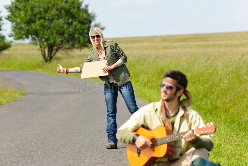 Hitch-hiking Young Couple Backpack Asphalt Road Stock Photo - Image of ...