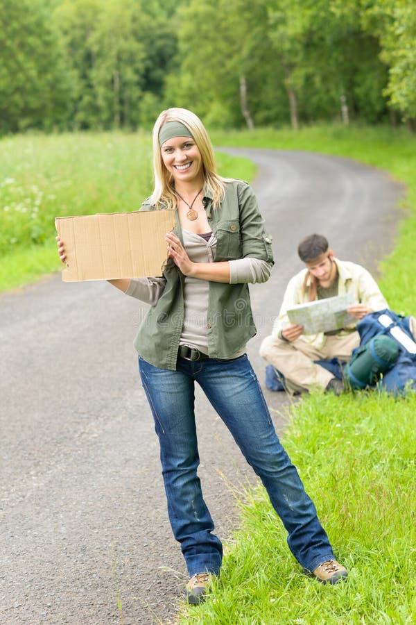 Hitch-hiking Young Couple Backpack Asphalt Road Stock Photo - Image of ...