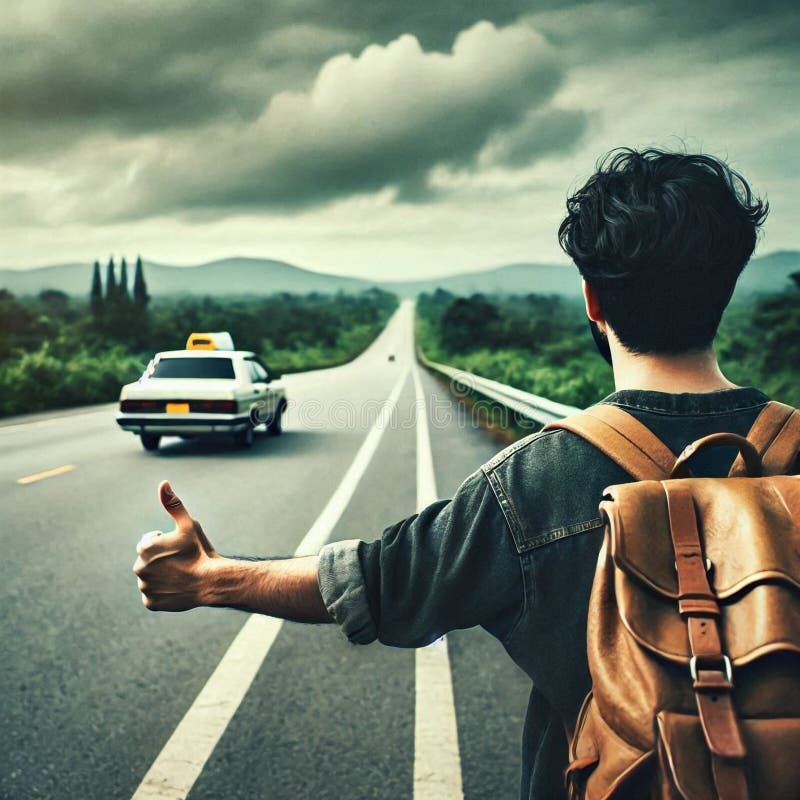 Hitchhiking Sticking Its Thumb Out for a Ride Along the Highway. Stock ...