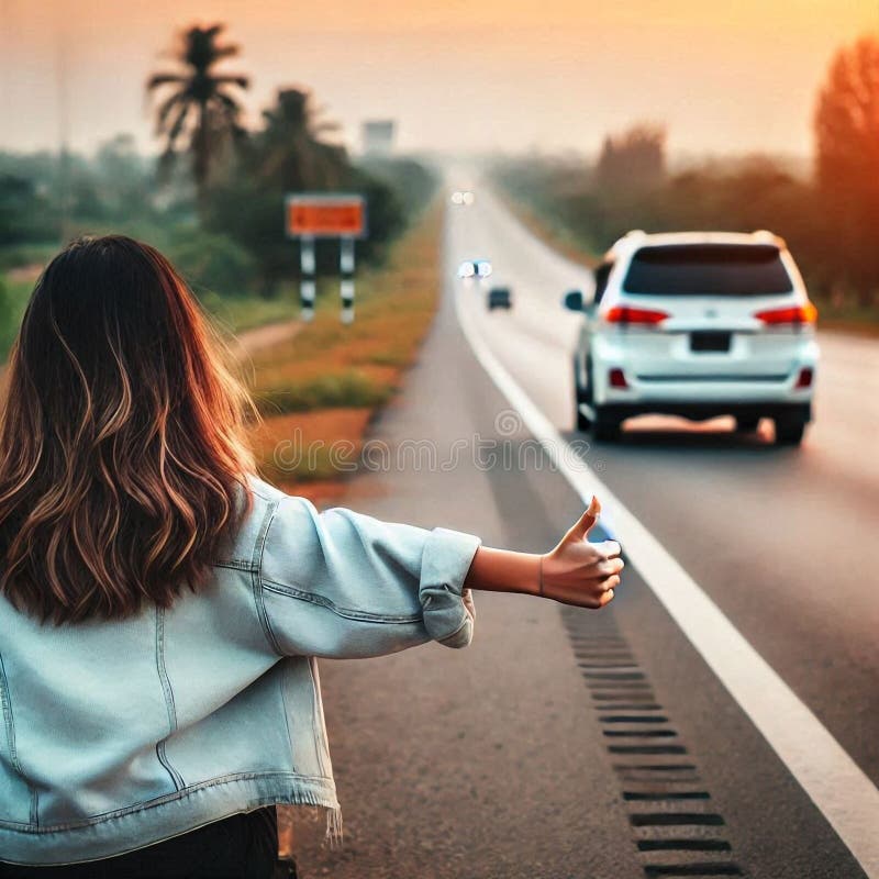 Hitchhiking Sticking Its Thumb Out for a Ride Along the Highway. Stock ...