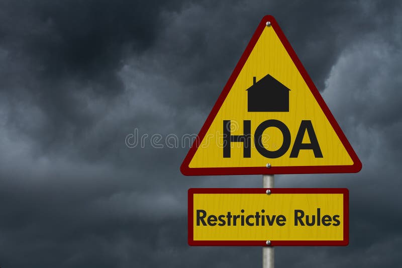 HOA Restrictive Rules Warning Sign Against Stormy Sky Stock ...