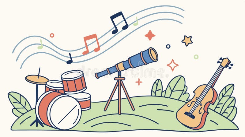 Hobbies and Creativity Scene with Drum Set, Telescope, and Music Notes ...
