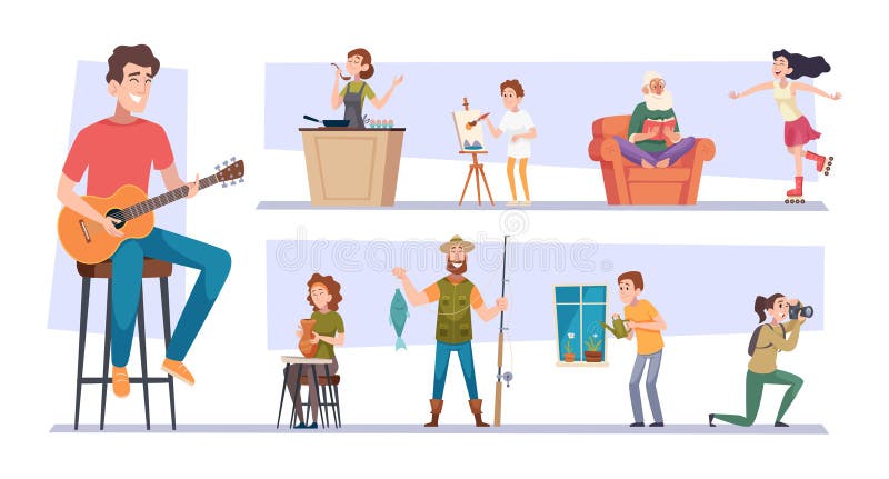 Hobbies. People Reading Drawing Playing Exact Vector Activities ...