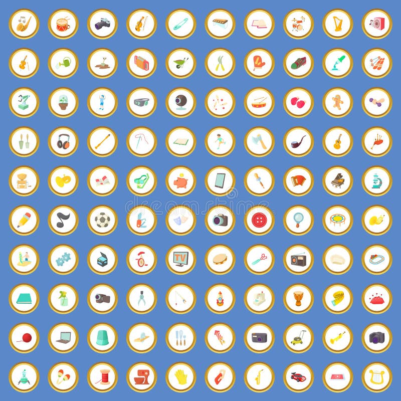 100 Hobby Icons Set Cartoon Vector Stock Vector - Illustration of ...
