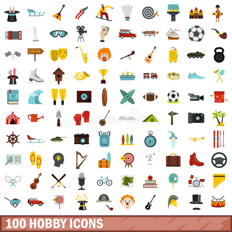 100 Hobby Icons Set, Flat Style Stock Vector - Illustration of play ...