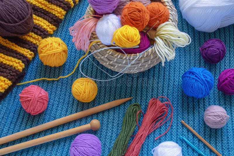 Colorful Balls of Wool, Knitting Needles, Crockets Stock Photo - Image ...