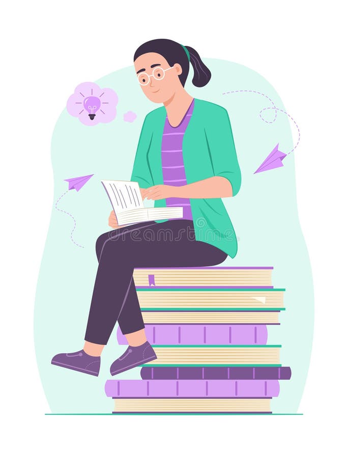 Woman Reading a Book and Thinking Creative Idea while Sitting on Stack ...