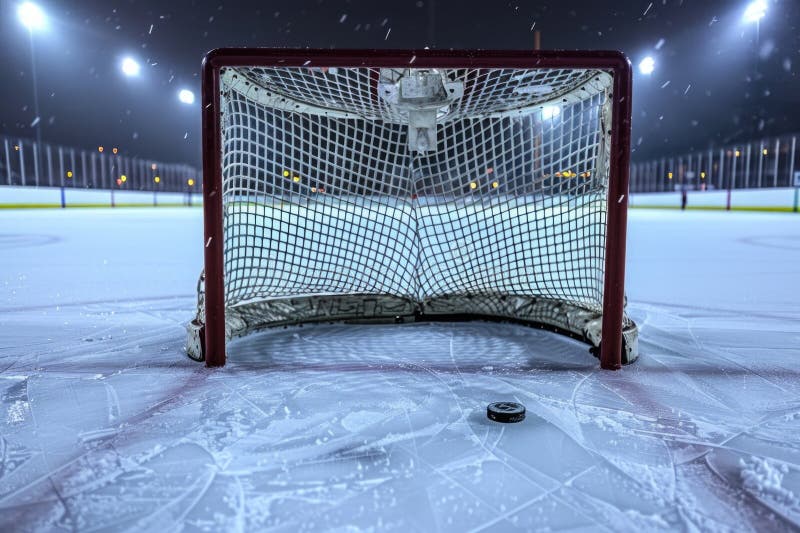 A Hockey Goal on an Icy Surface with a Puck Resting Inside Stock Image ...