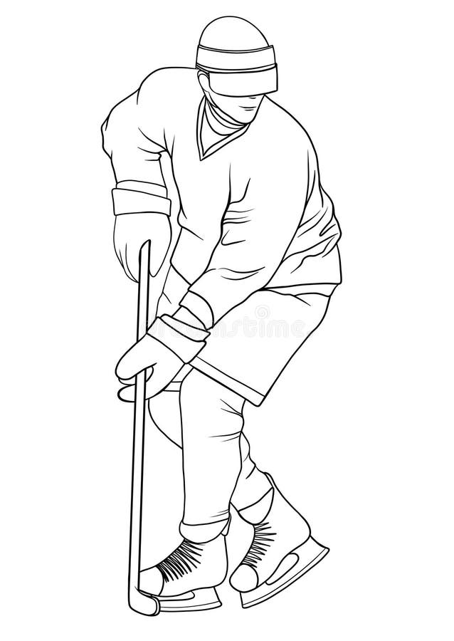 Hockey Player with Stick in Motion, Vector Outline Illustration Stock ...
