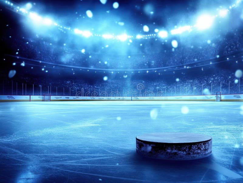 Hockey Puck on Empty Rink, Under Stadium Lights, with Snow Falling ...