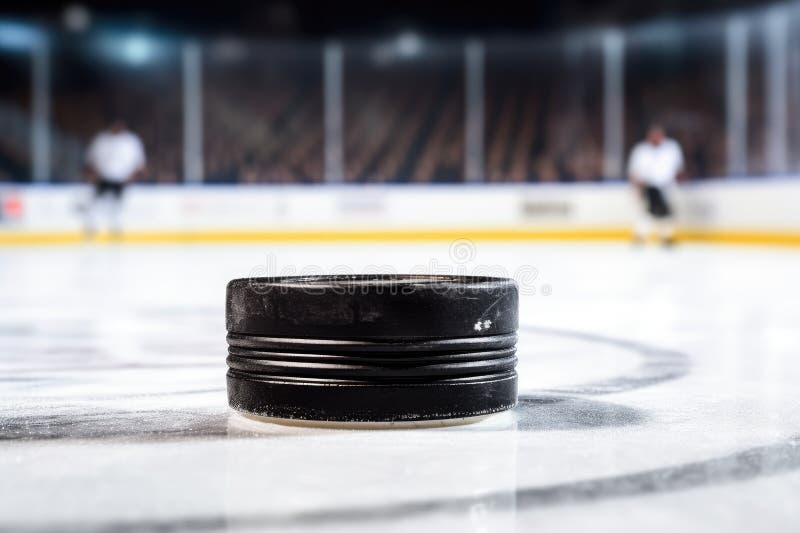 Hockey Puck on Ice in Front of a Hockey Rink with Players, Black Hockey ...