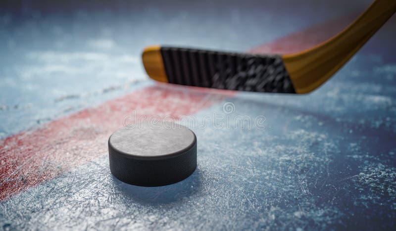 Hockey Puck on Ice at Stadium. 3D Rendered Illustration. Stock ...