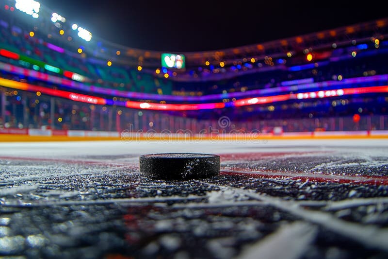 Hockey Puck on Ice the Stadium. Stock Photo - Image of round, rubber ...