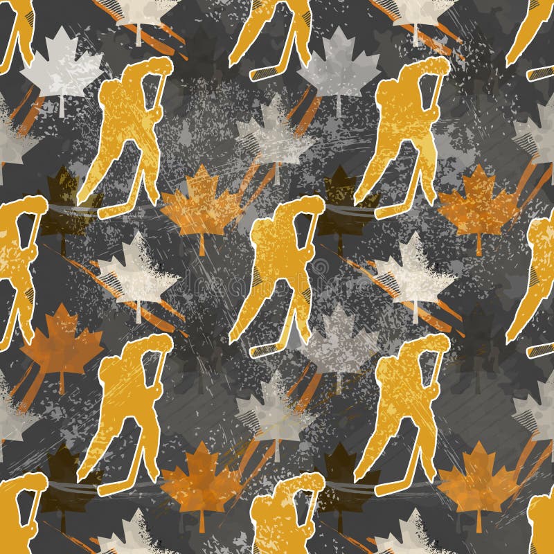 Hockey Seamless Pattern in Gray and Yellow Colors. Silhouettes Hockey ...