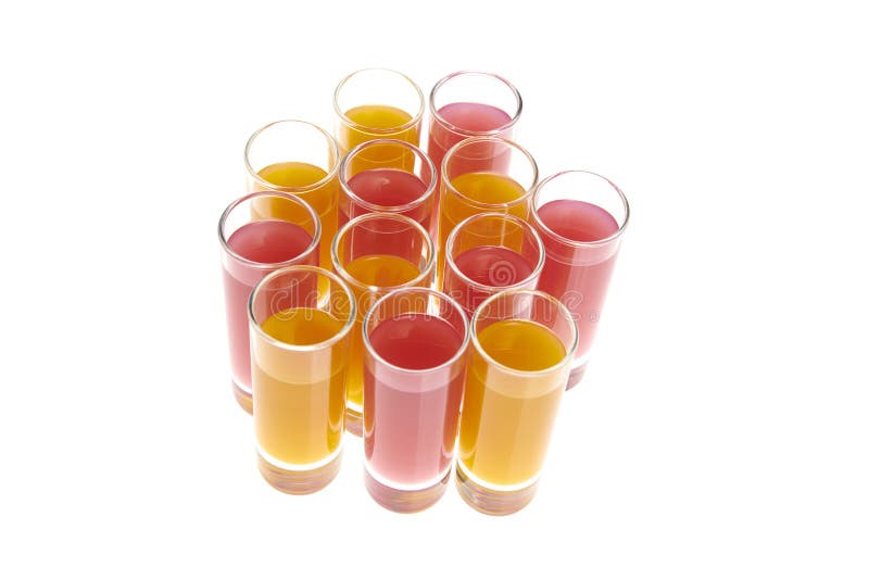 Hoek Tall Shot Glasses Met Tang Shot And Pink Pussy Cat Stock Foto