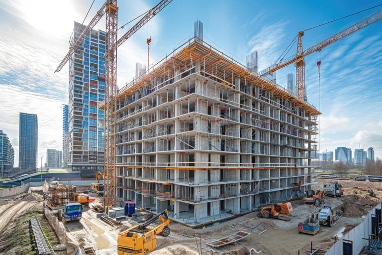 Hoisting Crane Builds Multi-storey Building Stock Image - Image of high ...