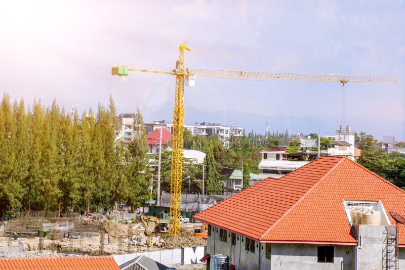 The Hoisting Crane Working Begins Building Construction Site Stock ...