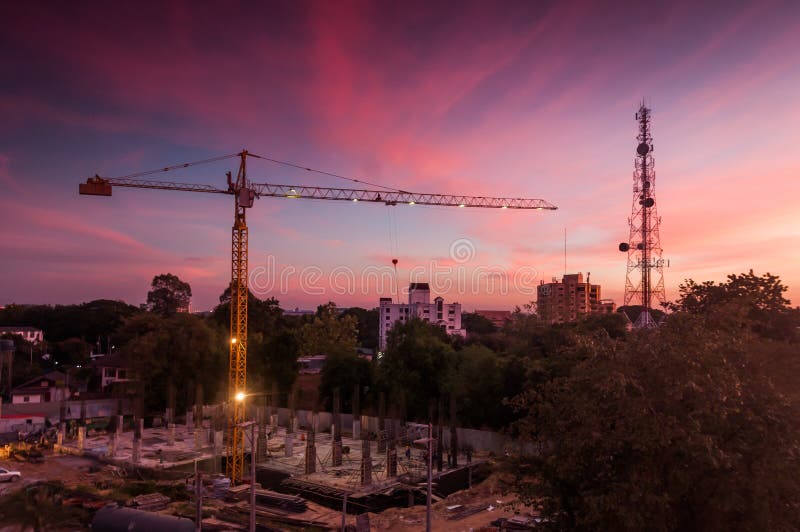 Construction Site at Sunset Stock Photo - Image of exterior, business ...
