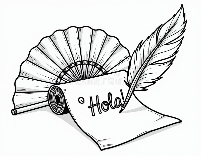 Hola! Hand-Drawn Illustration with Fan and Quill Pen Stock Illustration ...